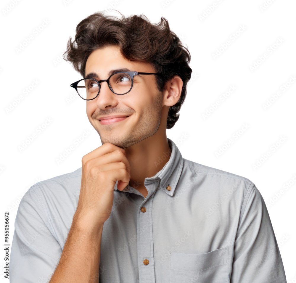 PNG A Portrait of young man thinking happily portrait smile glasses ...