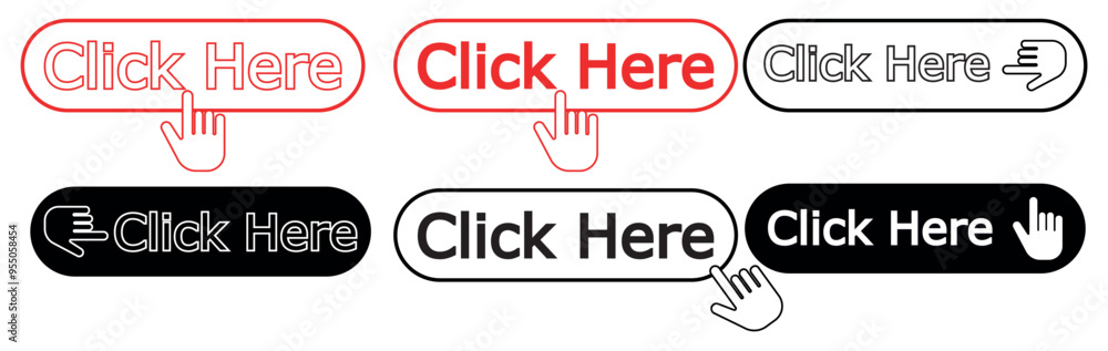 Collection of Click Here Button with pointer clicking. Click button ...