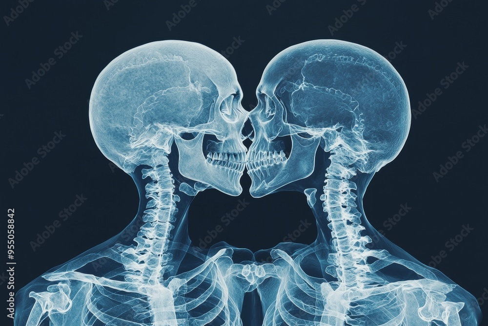 Intriguing X-ray image of two human skulls in a kiss, capturing the ...