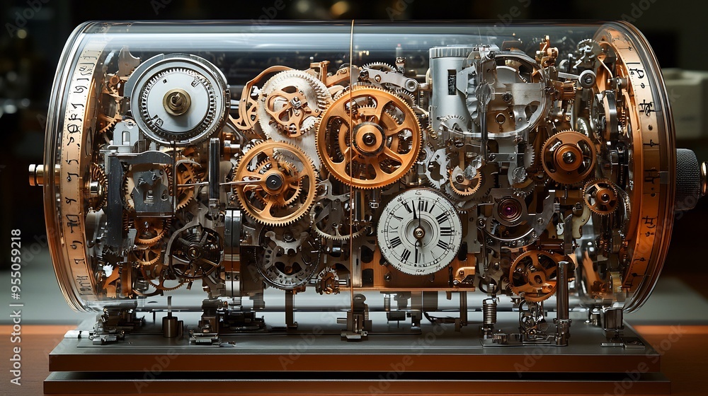 Exploded view of mechanical clock illustrating all its internal gears ...