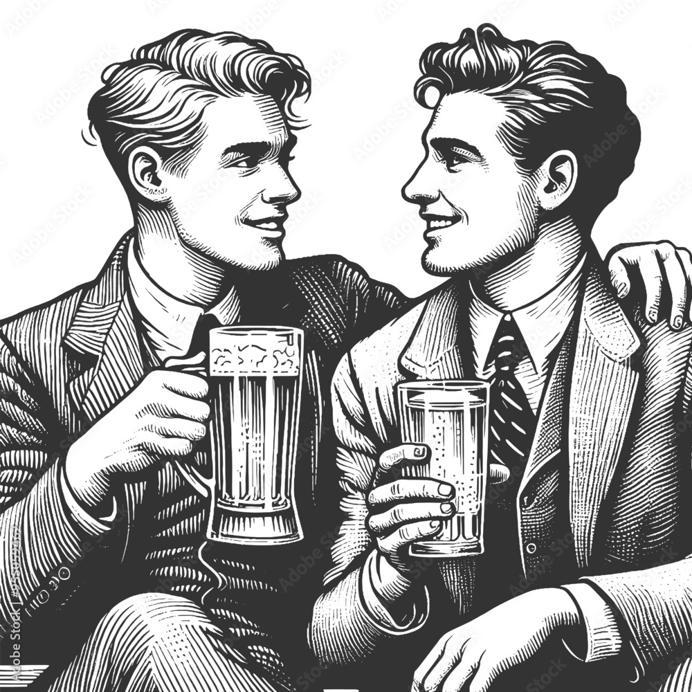 two friends men, drinking beer together, camaraderie and a nostalgic ...