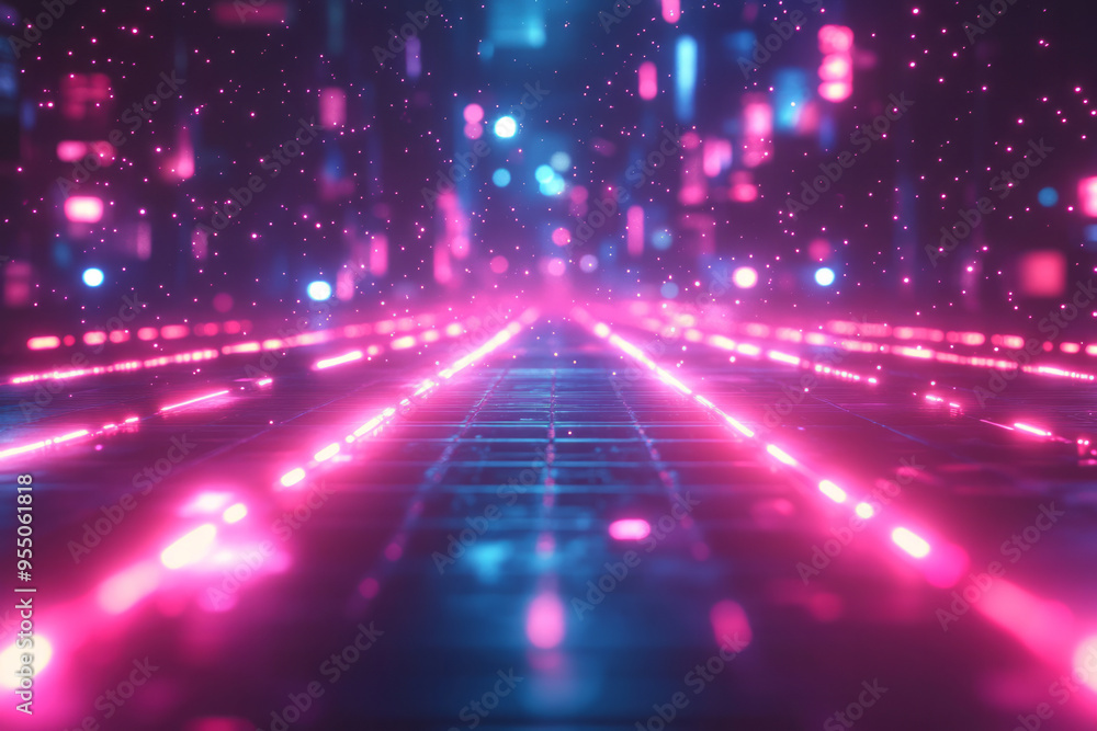 A 1980s-inspired background with neon grid lines and a starry backdrop ...
