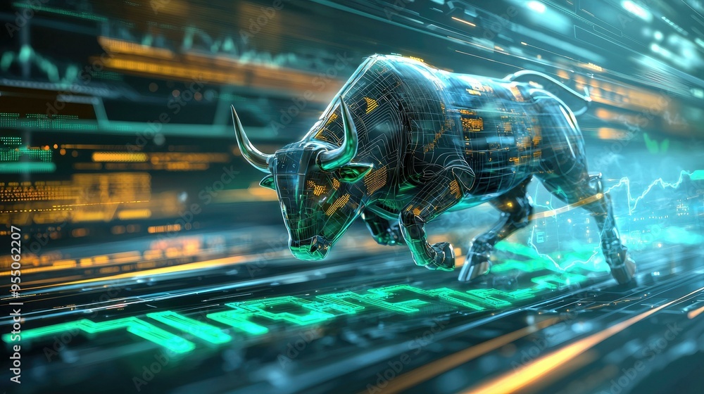 A powerful cybernetic bull with metallic skin charges forward on a ...