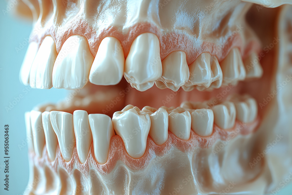 A close-up of the human teeth and jaw, showing the structure of molars ...
