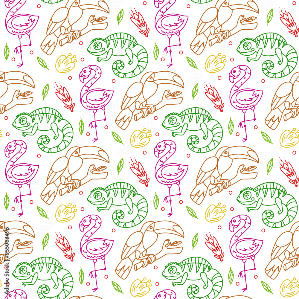 pattern with Mexican contoured animals, birds and a lizard. Flamingos ...