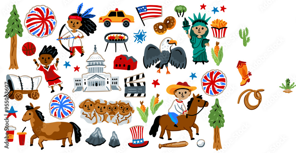Statue of Liberty, Capitol, flag, eagle. For maps and children designs ...