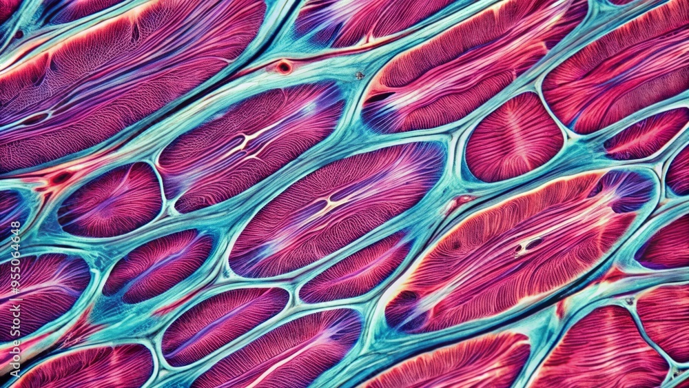 Microscopic cross-section of skeletal muscle fibers showing striated ...