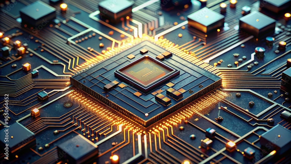 Microscopic view of a computer chip's intricate circuitry, showcasing ...