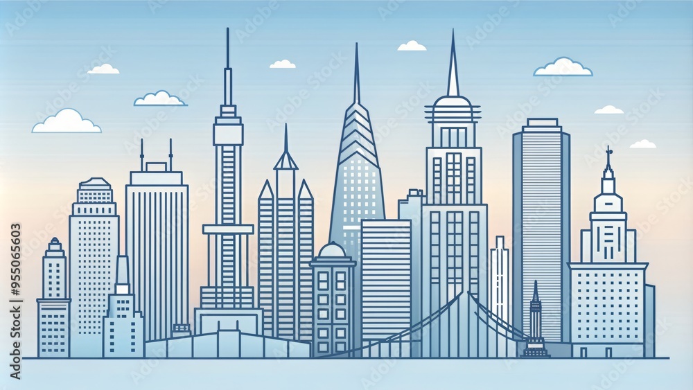 Minimalist outline of the iconic New York City skyline at dusk ...