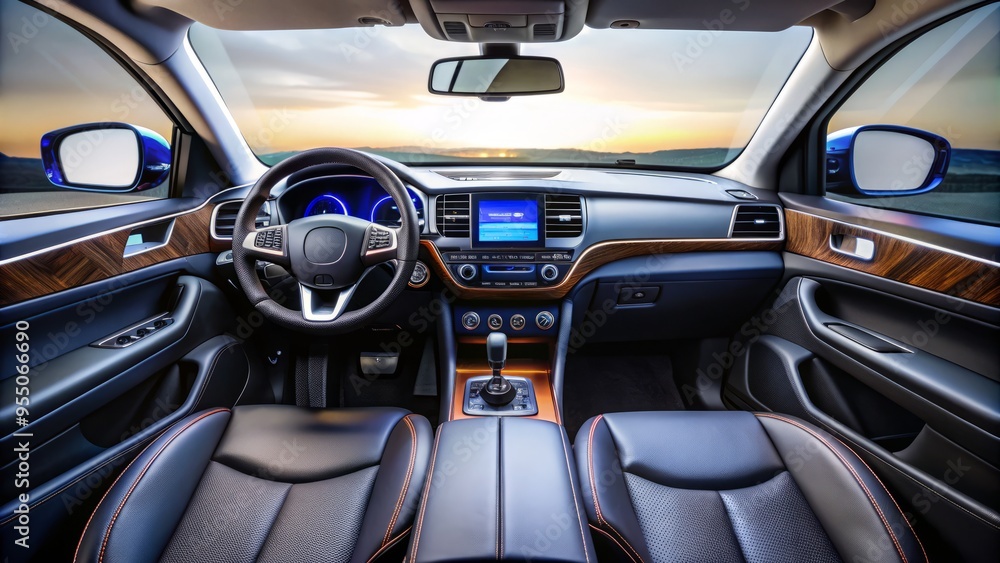 Modern car's sleek interior features a glossy black dashboard with ...