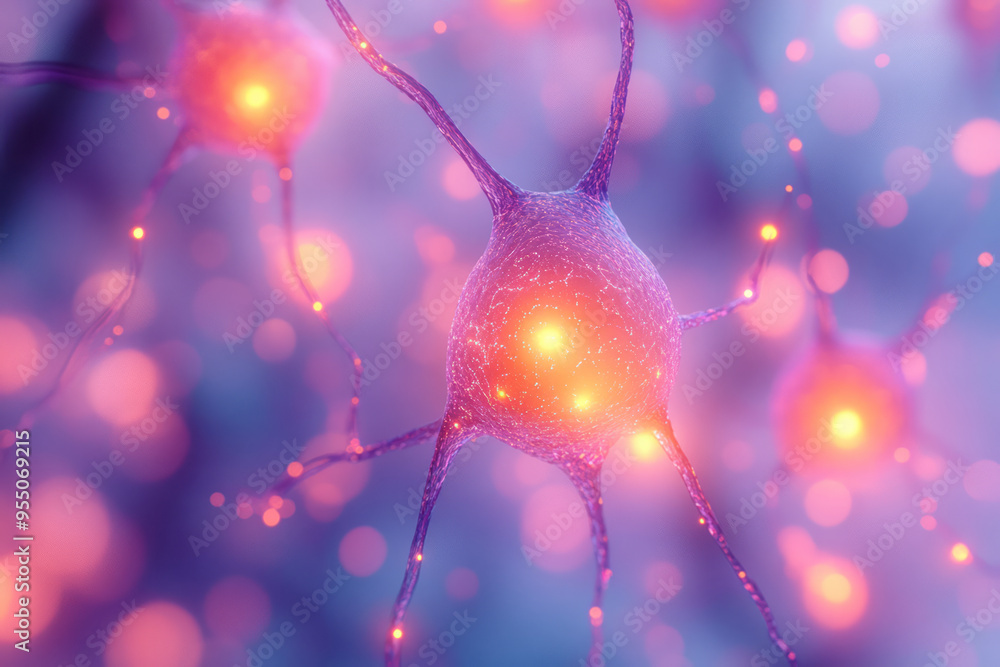 An artistic depiction of a neural network, with multiple synapses firing in a web of ...