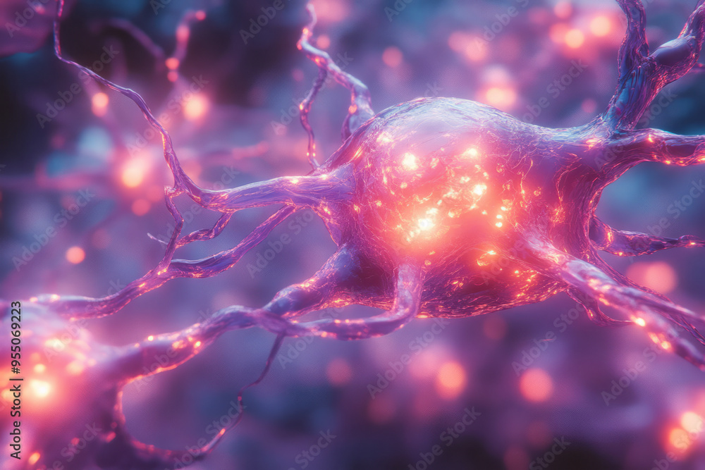 An artistic depiction of a neural network, with multiple synapses firing in a web of ...