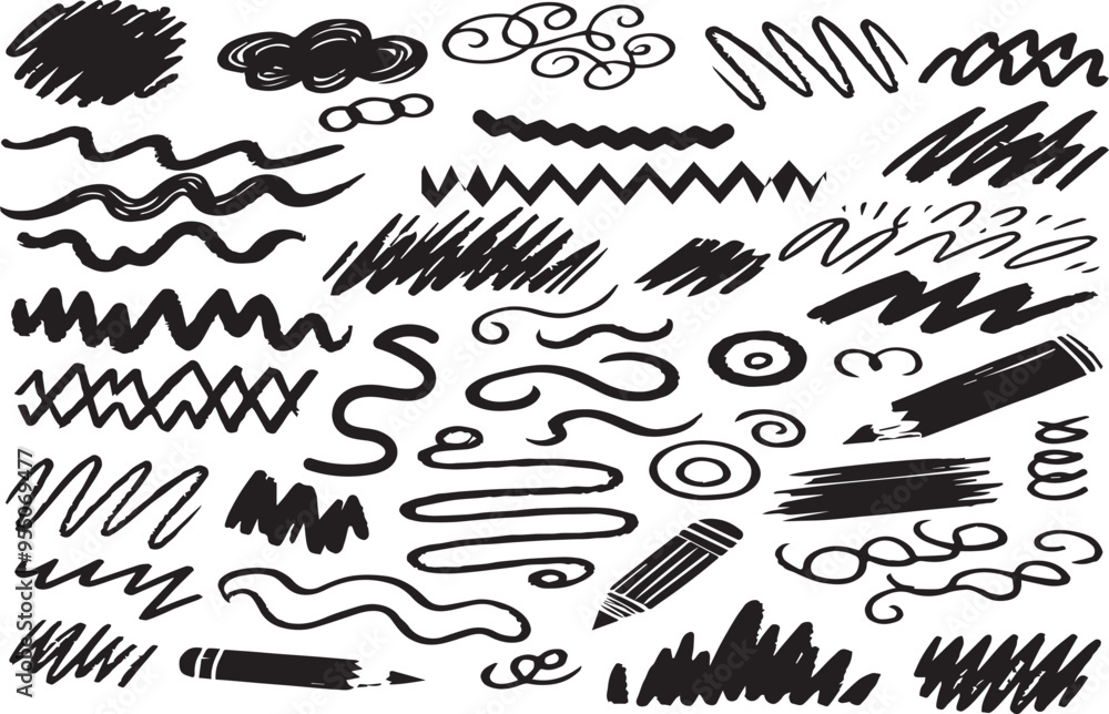 Vector hand drawn charcoal pencil squiggles, rough brush strokes ...