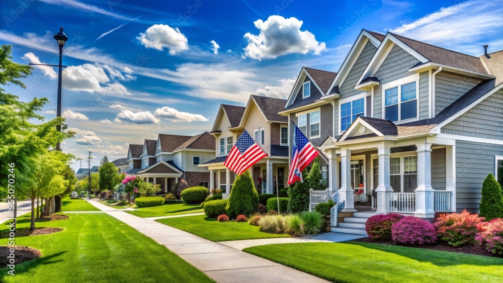 Modern suburban neighborhood with diverse architectural styles, lush ...