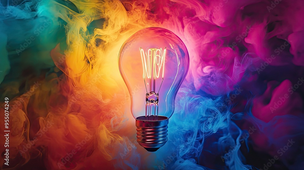 A bright light bulb surrounded by a spectrum of colors, creating a ...