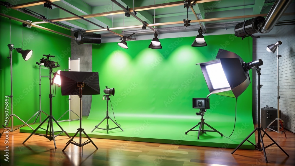 Professional chroma key studio setting with green screen backdrop ...
