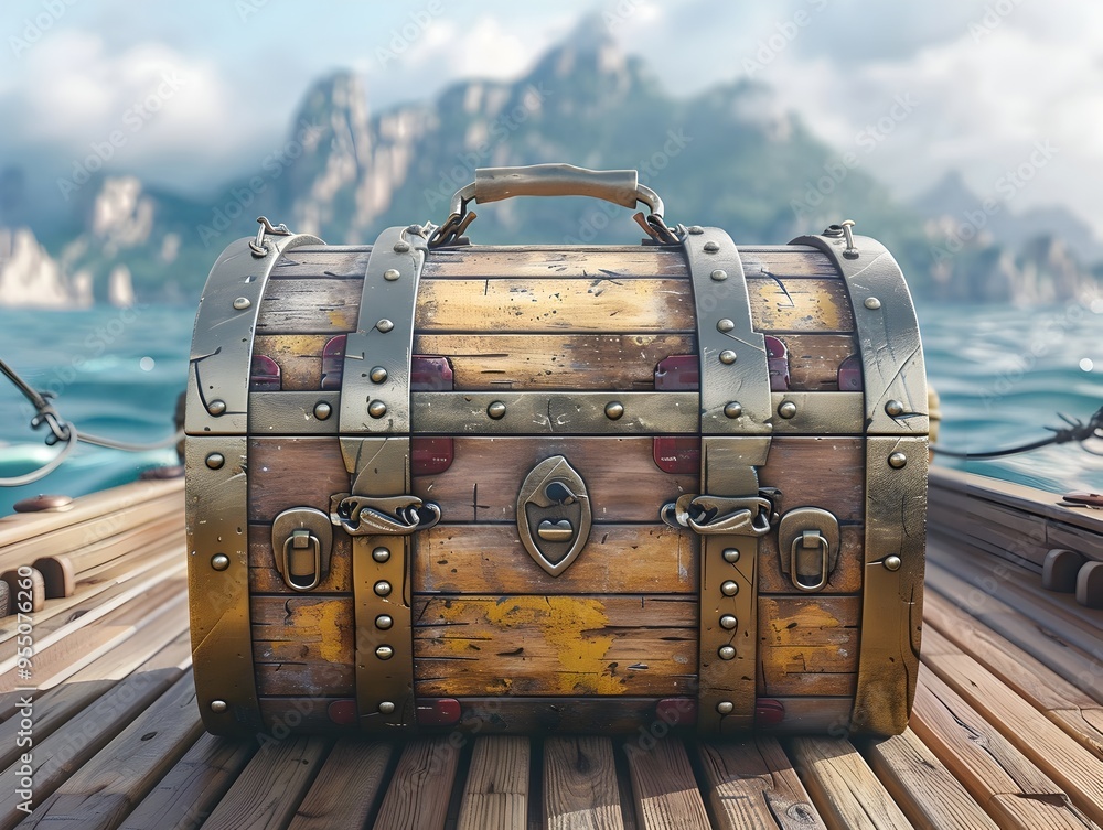 Treasure Chest like Parcel Box with Golden Accents on Pirate Ship Deck ...