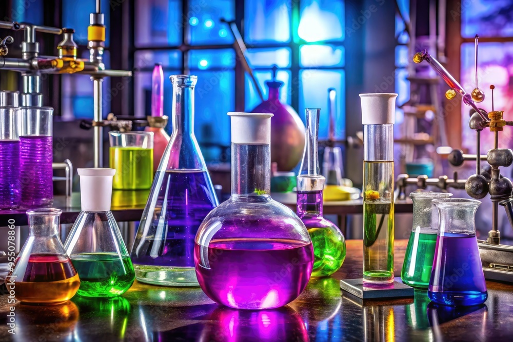 Colorful laboratory glassware filled with swirling purple liquid and ...