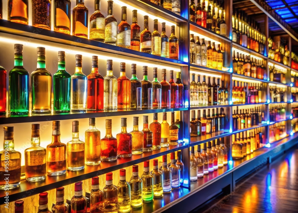 Colorful rows of whiskey, vodka, rum, and other spirits line the ...