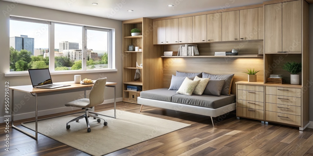 Compact living space showcases sleek, space-saving furniture designs ...