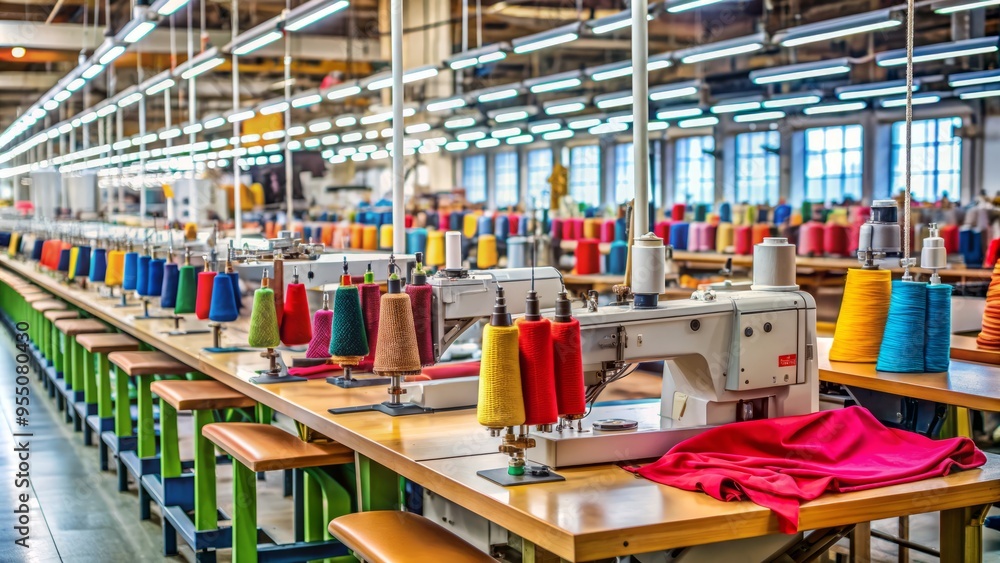 Rows of industrial sewing machines hum with activity as bolts of ...