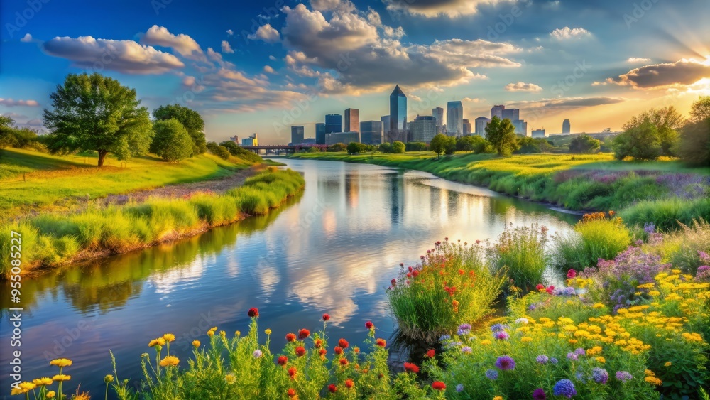 Serene landscape of the Trinity River flowing through Dallas, Texas ...