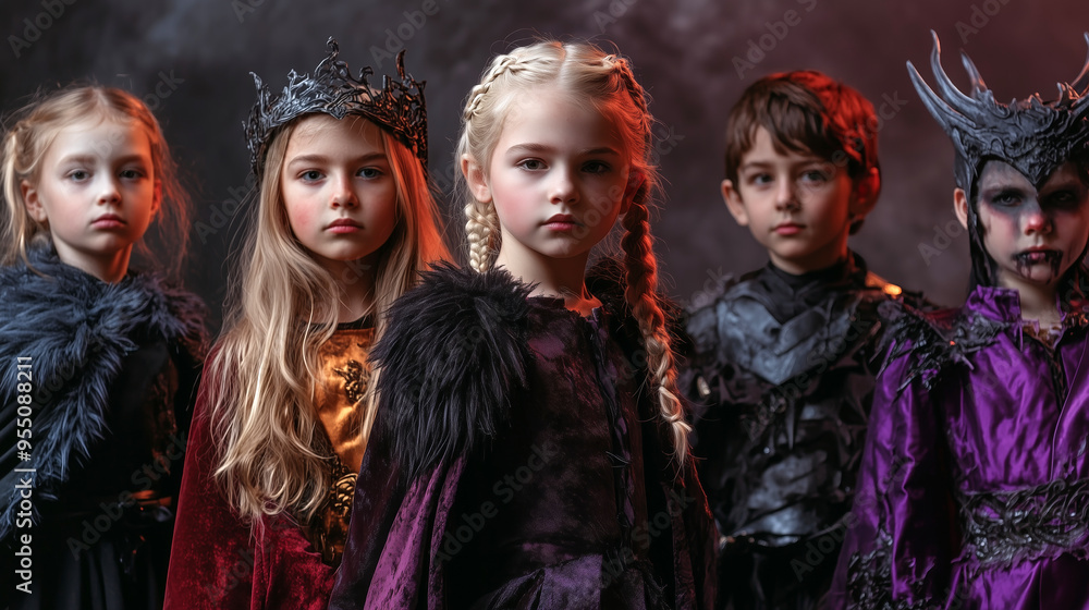 Children in modern cosplay fantastic fictional movie characters costume ...