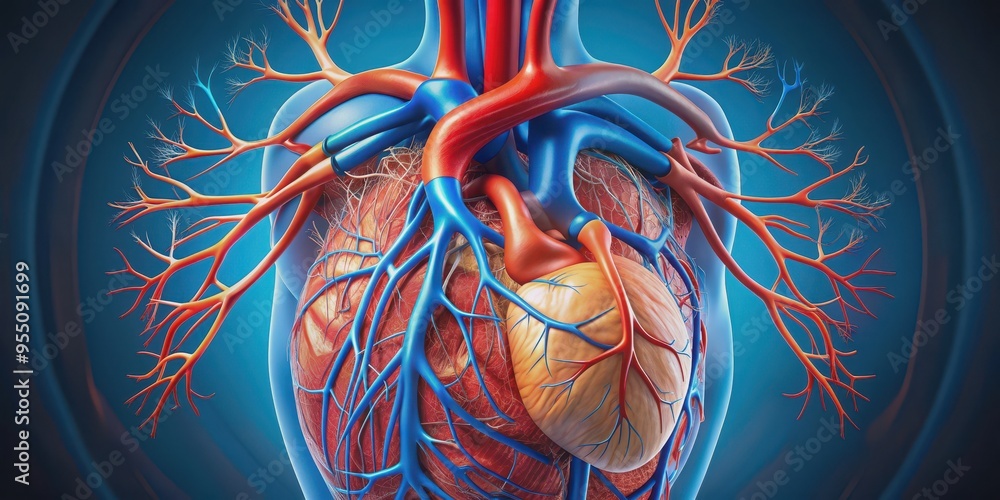 Anatomy of the human heart showing chambers, valves, and major blood ...
