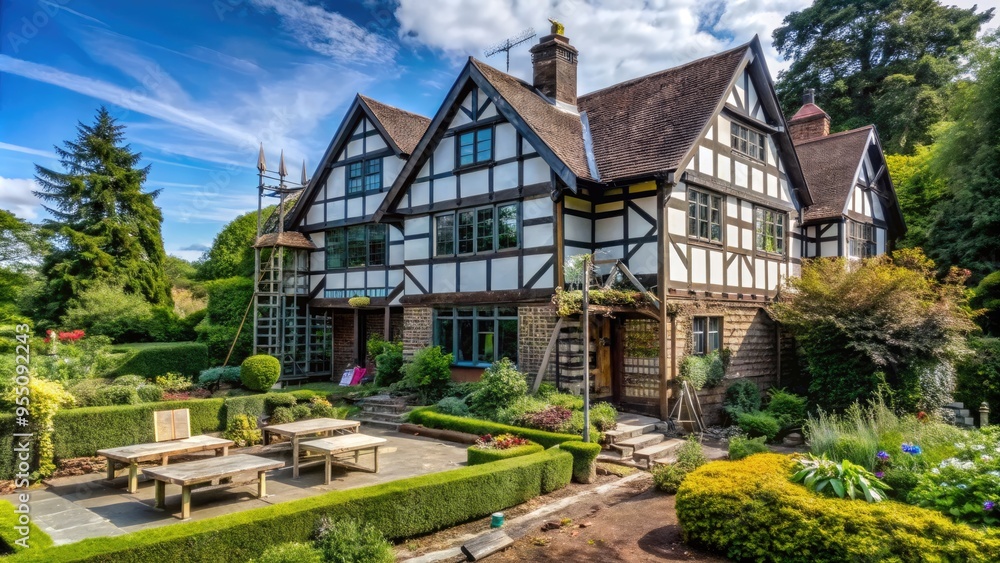 Exterior view of a grand, half-timbered mock Tudor house undergoing ...