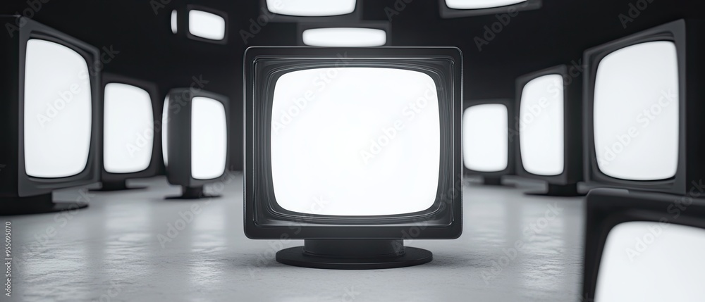 3D render of multiple TVs with white screens arranged in concentric ...