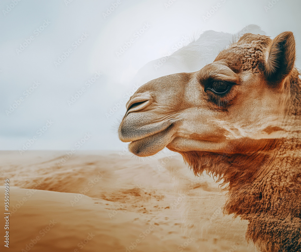 A close up of a camel's face with a blurry background. The camel's face ...