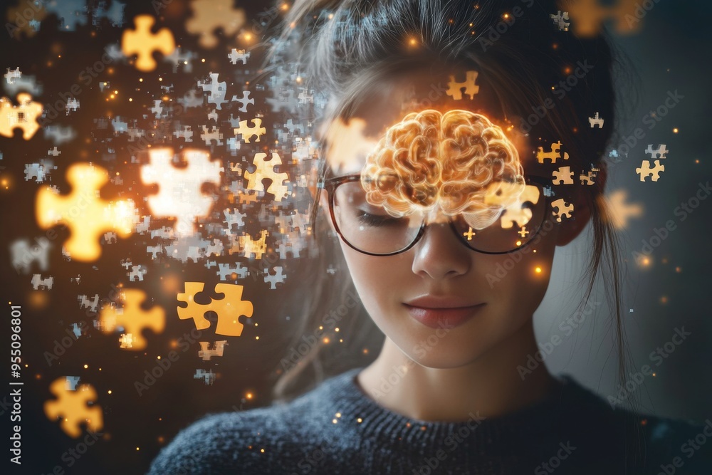 Affective empathy Mental effort Woman with glasses and glowing brain ...