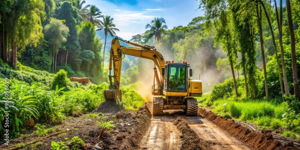 Heavy machinery clears a path through lush vegetation, marking the ...