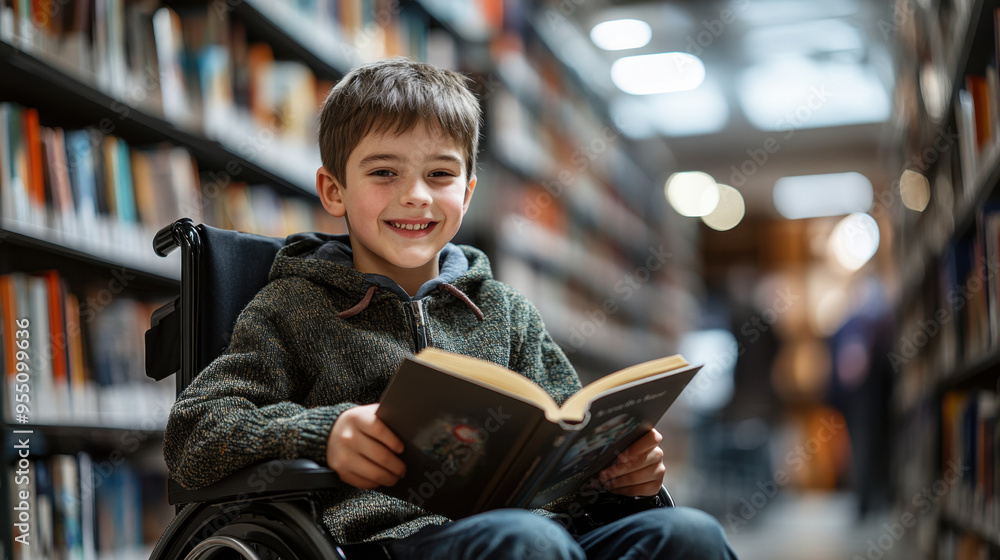 Disabled Student Reading, A joyful young boy in a wheelchair is reading ...