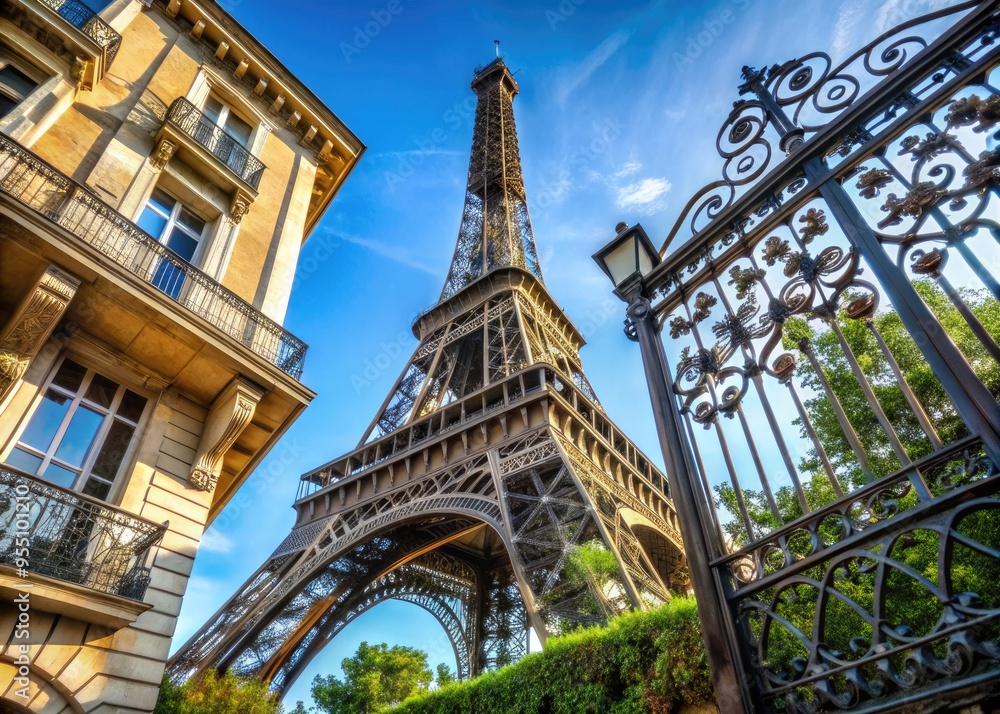 Iron latticework tower stands majestically against a clear blue sky in ...