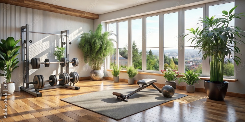 Minimalist home gym setup with adjustable dumbbells, exercise mat, and ...