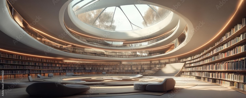 Circular library with a glass dome, allowing natural light to flood the ...