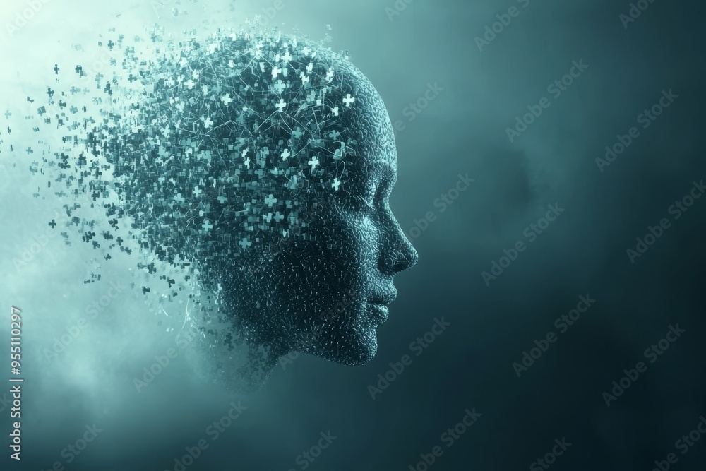 Mind Schema Brain circuit Abstract profile of a woman’s head dissolving into particles ...