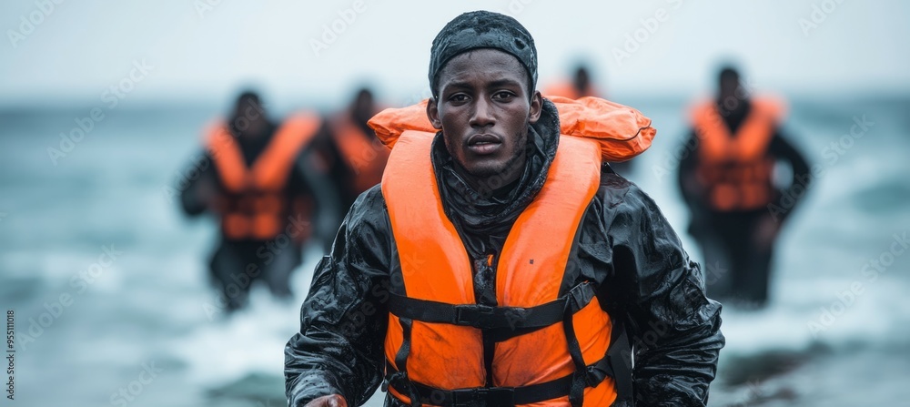 Black man refugee immigrant on beach. Emergency social issue ...
