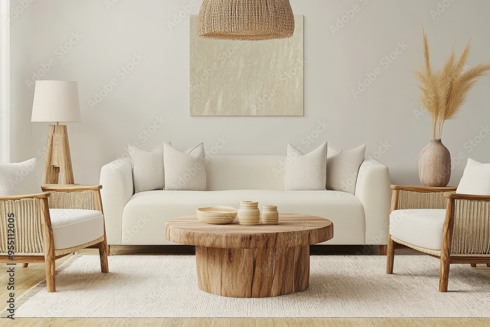 There is a round wooden coffee table between two armchairs near the ...