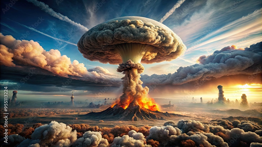 Mushroom Cloud Rising From A Nuclear Bomb Explosion, Leaving A Trail Of Smoke And Destruction In ...