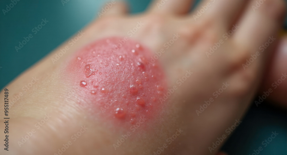 Human hand close-up showing red blister rash from monkeypox virus ...