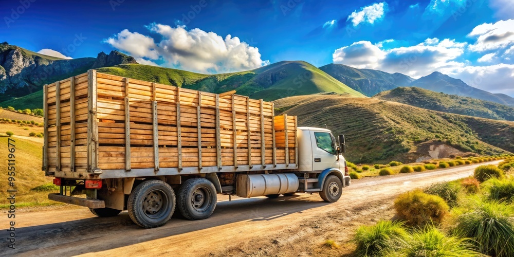 Rugged commercial truck parked on a rural hillside, its open back gate ...