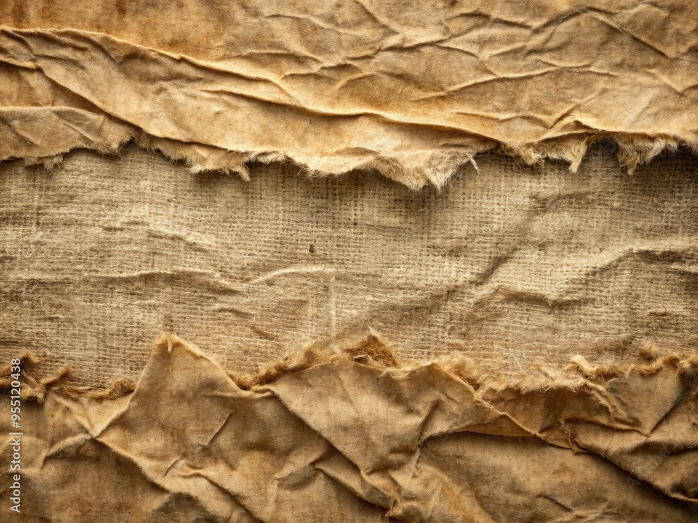 Rugged, torn, and frayed edges of a worn, vintage paper or fabric, with ...