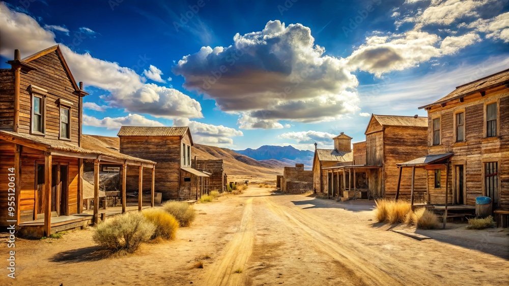 An old ghost town in the wild west with wooden buildings, dusty streets ...