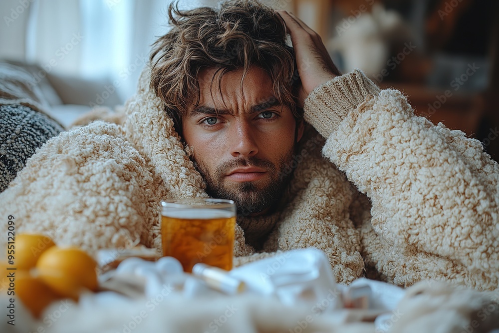 A young man suffers from a cold at home with tea and lemon wrapped in ...