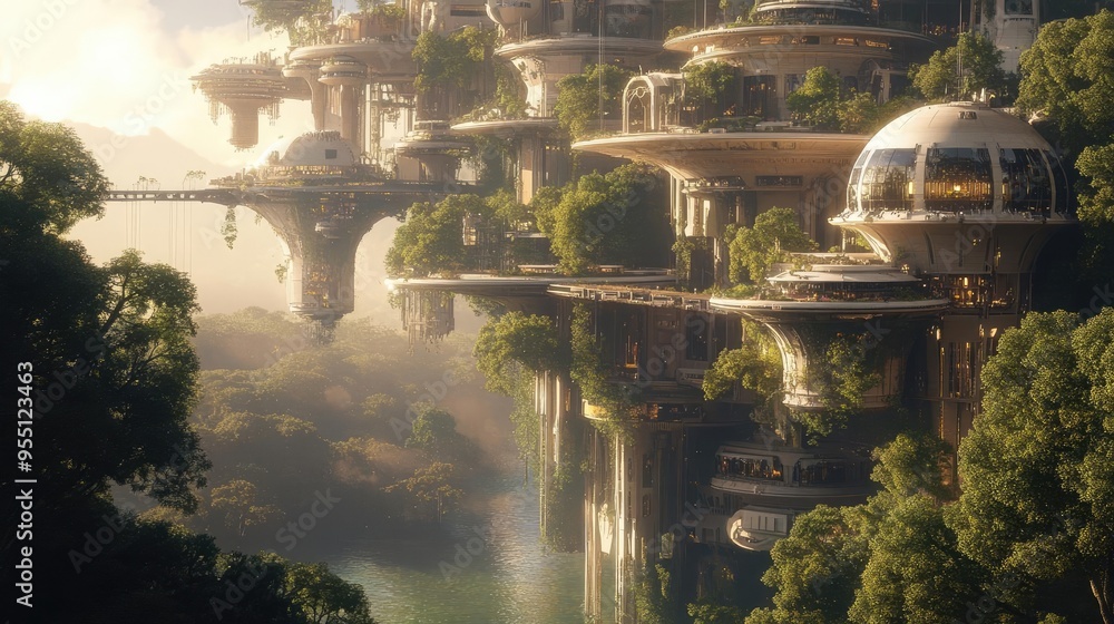 Utopian floating city, with multiple layers, aerial bridges, and ...