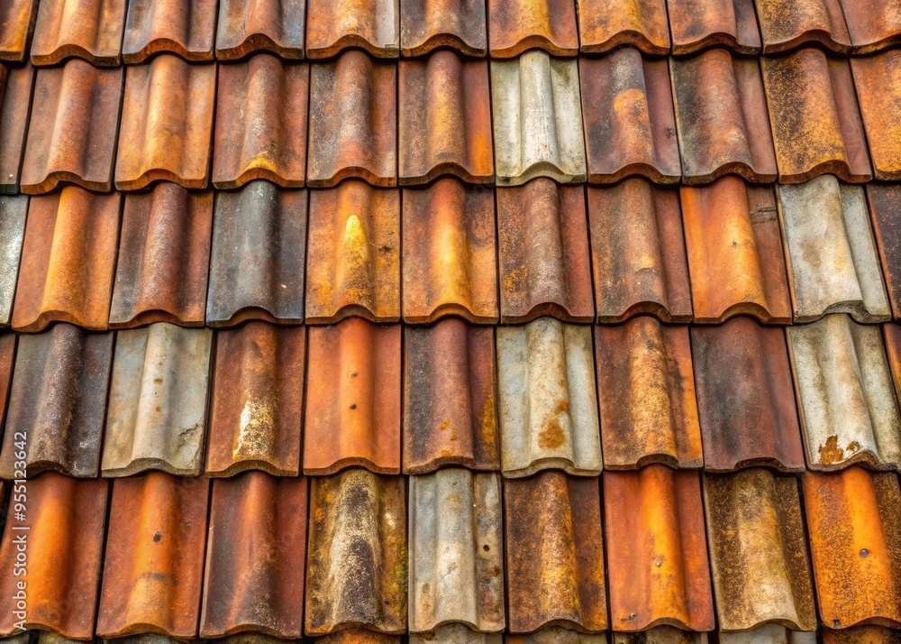 Rusty, worn, and weathered zinc roof tiles laid out in a pattern ...