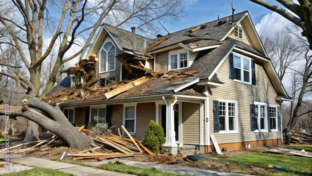 shattered windows, dented siding, and torn roof shingles on a suburban ...