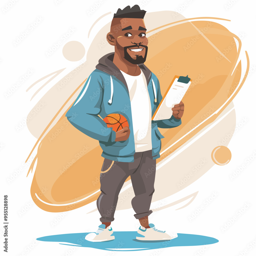 African American basketball coach character holding clipboard and ball ...